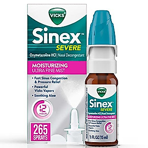 Vicks Sinex Severe Nasal Spray with Moisturizing Ultra Fine Mist, Decongestant for Stuffy Nose Relief from Cold, Allergy, Sinus Pressure - 265 Sprays