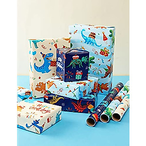 Dinosaur Wrapping Paper Rolls - 3 Rolls 17” x 120” Happy Birthday Wrapping Paper Kids Wrapping Paper Rolls Boy Dinosaur Gift Wrap Paper Dinosaur Party Favor Happy Bday Wrap with Cutting Line on Back