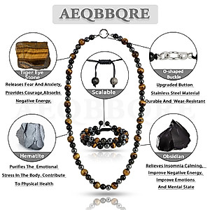 Men Tiger Eye Beaded Necklace Bracelet Triple Protection Jewelry Sets Hematite Black Obsidian Healing Crystal Stone Chakra Necklace