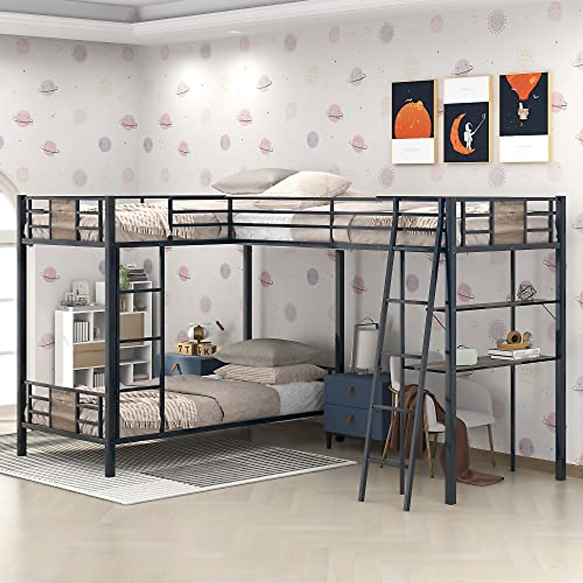 BOVZA Metal Triple Bunk Bed, L Shaped Twin Over Twin Bunk Bed and Twin Size Loft Bed with Desk and Shelf, 3 Bunk Beds for Kids Teens Adults, Brown