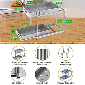 Under Sink Organizers and Storage 2 Pack, Pull-out Large Capacity Under Bathroom and Kitchen Cabinet Storage Drawer Organizer with Hooks, Multi-purpose Under Sink Shelf Organizer, Grey