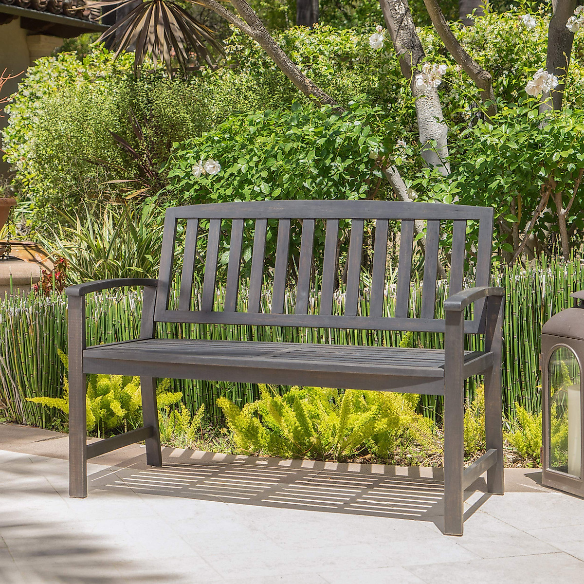 Christopher Knight Home Loja Outdoor Acacia Wood Bench, Dark Grey Finish