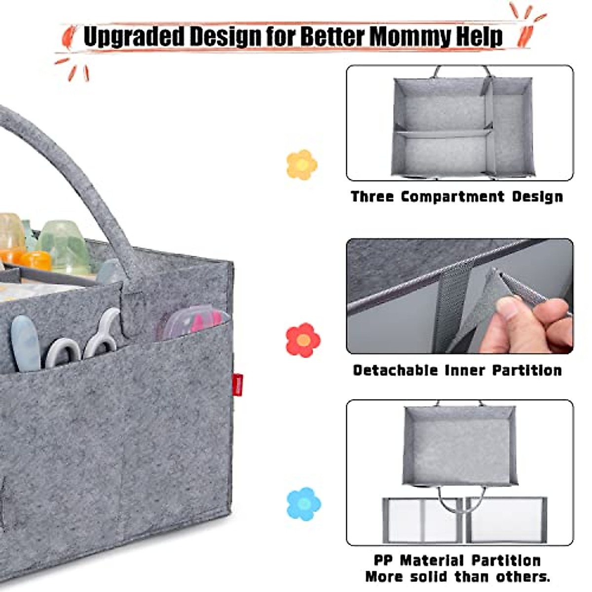 YaKuss Baby Diaper Caddy Organizer for Boy-Baby Car Organizer, Felt Fabric Baby Basket, Changing Table Diaper Storage Caddy, Portable Tote Bag for Baby Diapers and Wipes -Large (1.0 Grey)