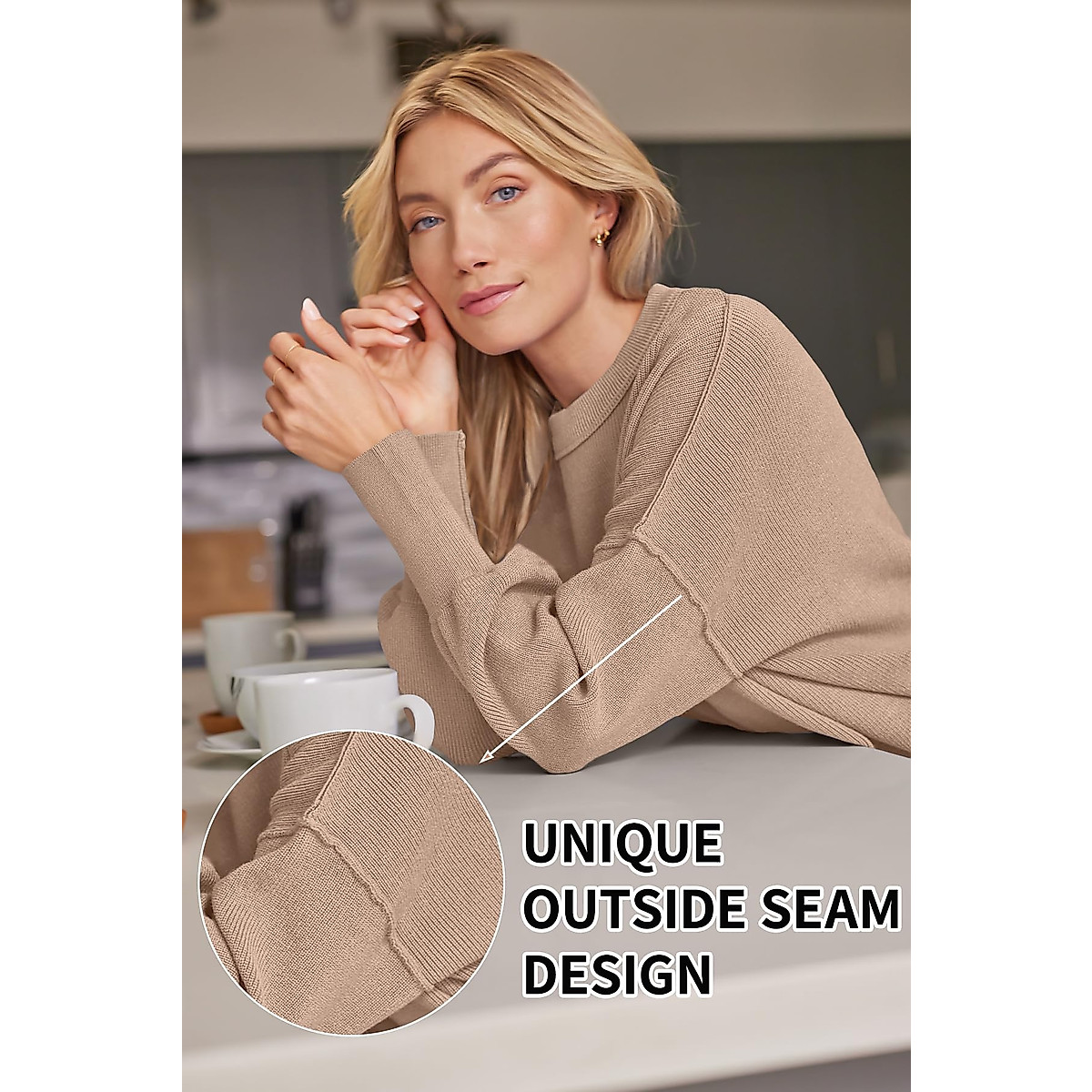 LILLUSORY Women's Oversized Batwing Sweaters 2024 Fall Outfits Crewneck Ribbed Knit Side Slit Trendy Pullover Tops DarkApricot M