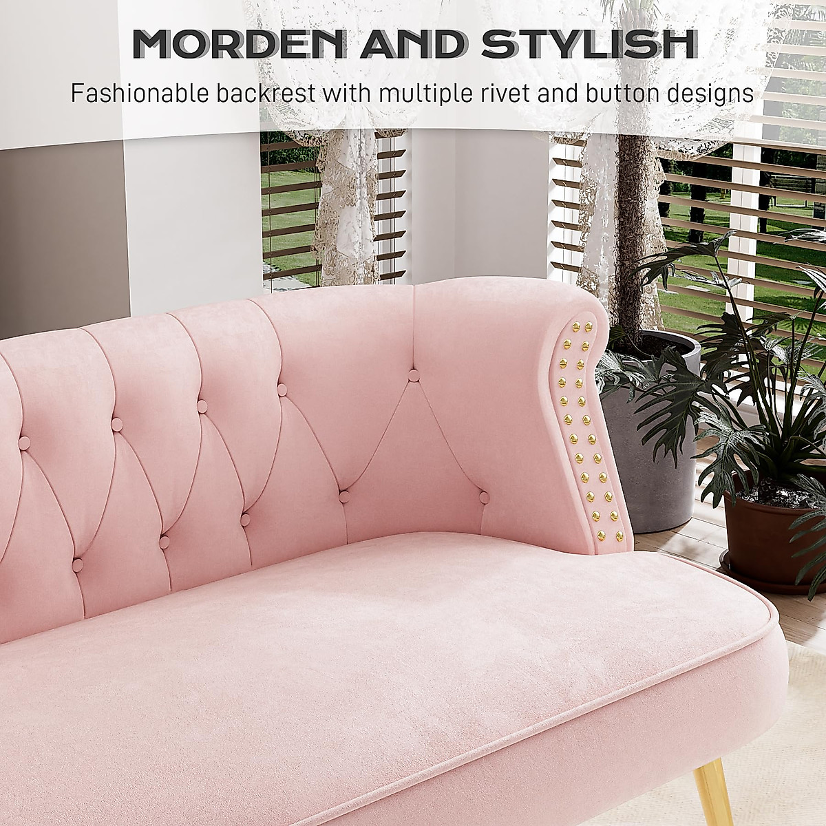 DAMAIFROM Velvet Loveseat Sofa, Modern 2 Seater Sofa with Gold Legs, 51" W Upholstered Tufted Couch for Living Room, Comfy Love Seat Small Furniture for Apartment, Small Spaces, Pink