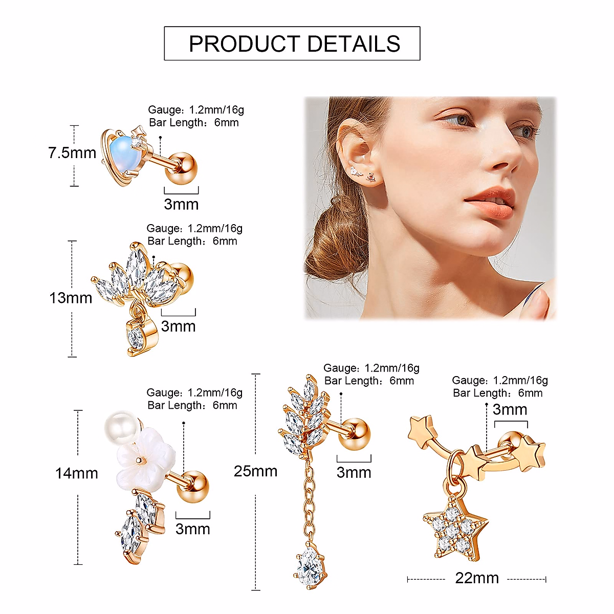 JOERICA 9Pcs Cartilage Earrings for Women 16G 316L Stainless Steel Gold Plated CZ Dangle Conch Helix Tragus Cartilage Stud Ear Piercing Jewelry