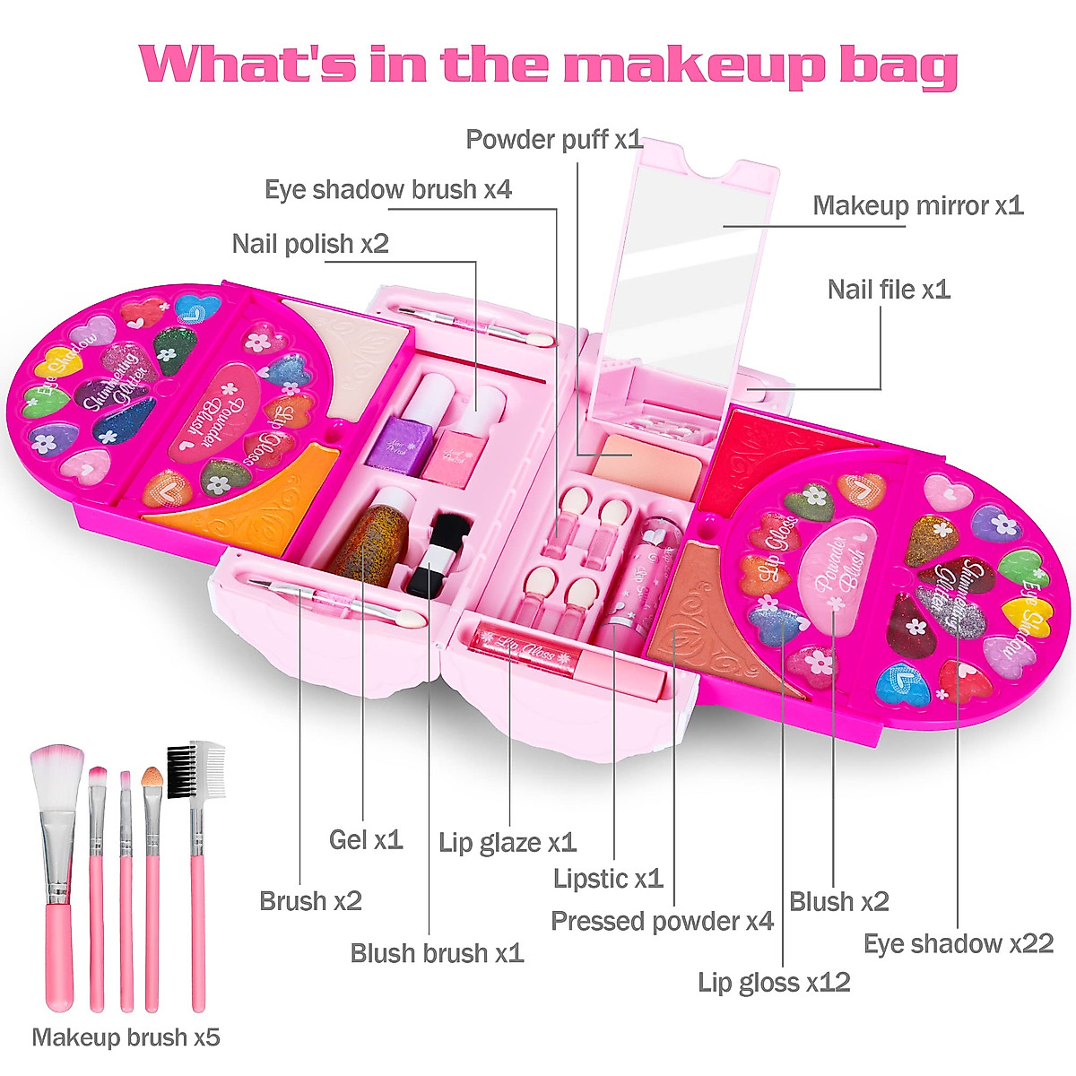Kids Makeup Kit for Girls, 60 Pcs Little Girls Princess Toys Real Washable Pretend Play Cosmetic Beauty Makeup Set, Non-Toxic & Safe, Birthday Gifts Toys for 3 4 5 6 7 8 9 10 Year Old Girls Toddlers