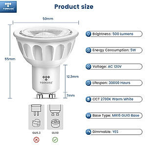 Torkase GU10 LED Bulb, Dimmable GU10 MR16 LED Bulbs 2700K Warm White, 120V 500LM Track Light Bulbs 5W 50W Equivalent, 90% Energy Saving, 40 Degree, LED Replacement for Recessed Lighting, 6 Pack