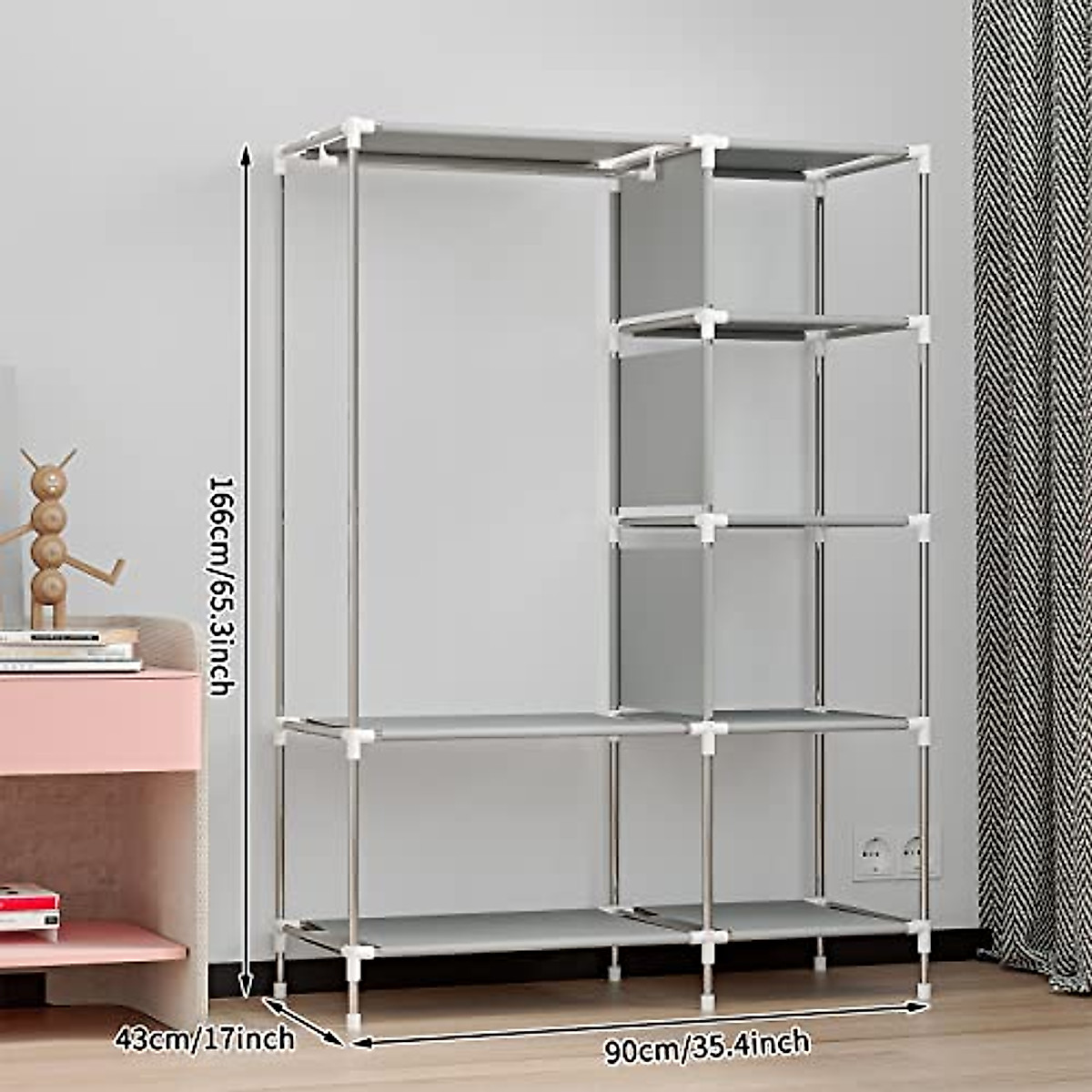 Wardrobe Portable Closet Clothes Storage Organizer with Pink Fabric Cover and Hanging Rails, Quick and Easy to Assemble, Extra Sturdy, Clothing Storage Closet Shelves for Bedroom, Cloakroom, Apartment