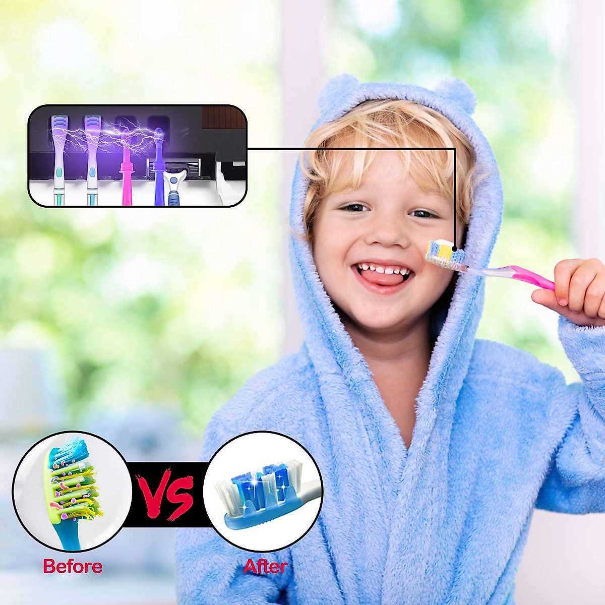 TAISHAN UV Toothbrush Sanitizer Holder，Sterilizer for All Toothbrushes,Shaver Available， Wall Mount Sticker Plus Toothpaste Dispenser, Wireless Charging，Solar Panel & Sensor