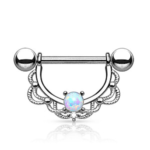 Pair of Opal Fligree 14K Gold Plated Surgical Steel Nipple Rings Barbells 16G - Silver