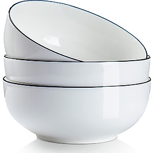 QINLANG 60 Ounces Large Soup Bowl, 8 Inches Pho Bowls, Large Ramen Bowls Set of 3, Off-White Porcelain Big Serving Bowls for Salad and Kitchen