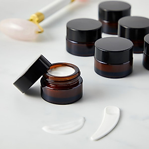 Juvale 5ml Amber Glass Jars with Lids and 6 Spatulas for Beauty Product Samples, Lip Balm, Lotion, Essential Oils, Face Creams (1.4 x 1 In, 24 Pack)