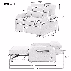 P PURLOVE 3 in 1 Linen Sleeper Sofa Couch Bed, Modern Convertible Sleeper Sofa Bed, Small Sofa Bed with 2 Wing Table Side Pocket and USB Charge for Living Room, Apartment, Beige