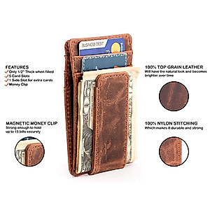 RAW HYD Men's Full-Grain Leather Slim Wallet with Money Clip - RFID Blocking, 5 Card Sleeves, Holds 15 Bills, Compact & Durable - Hunter Brown