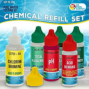 U.S. Pool Supply 6 Bottle Refill Solution Pack for Premium 5-Way Swimming Pool & Spa Test Kit - Replacement Indicator Bottles, Test Water for pH, Chlorine, Bromine, Alkalinity, Acid Demand - Chemicals