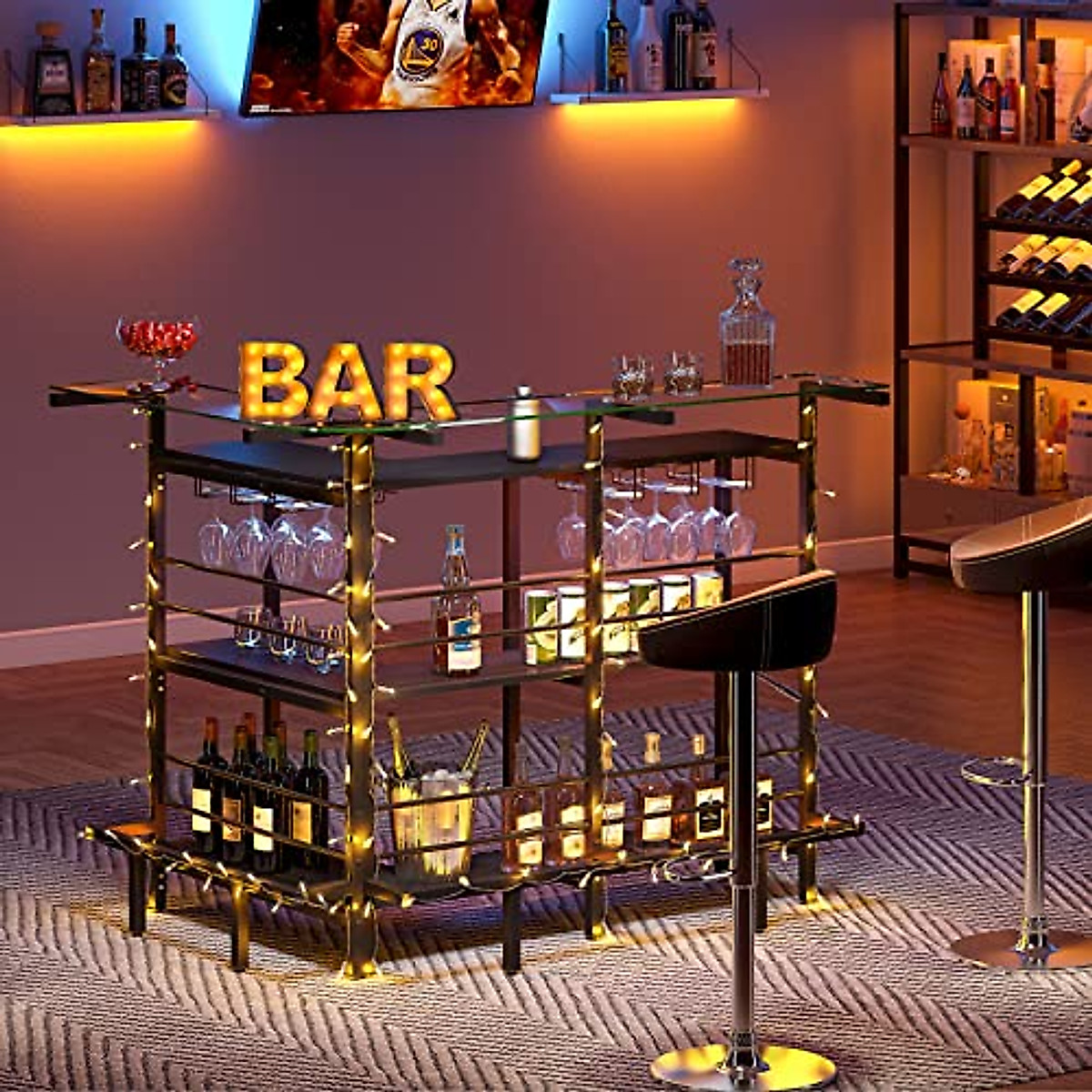 Tribesigns Home Bar Unit, L Shaped Black Liquor Bar Table with Glass Counter Top, Wine Glasses Holder, Storage Shelves and Footrest for Living Room/Basement