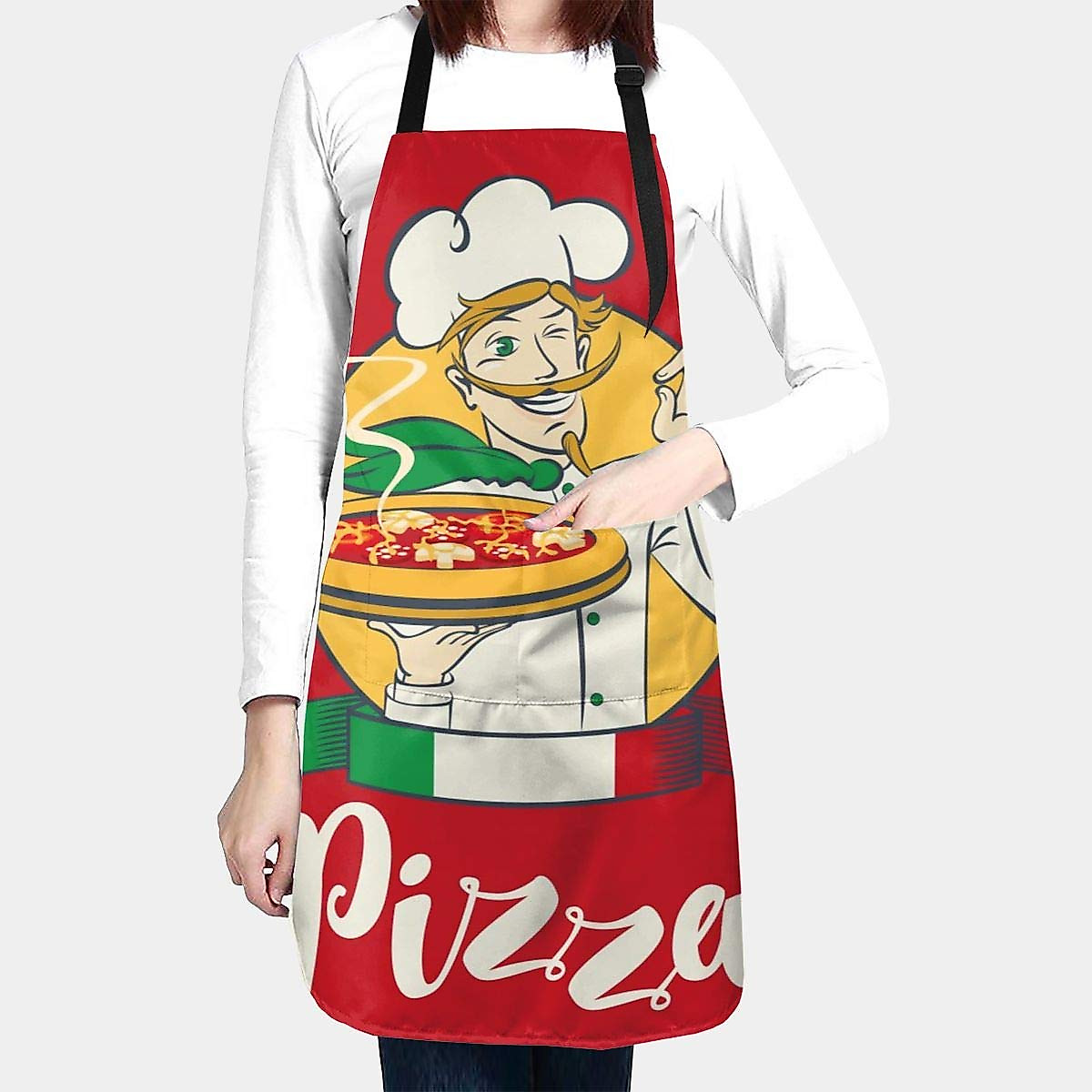 Abucaky Cartoon Pizza Chef Funny Waterproof Apron for Adults Chef Bib With Roomy Pocket for Kitchen BBQ Crafting Drawing
