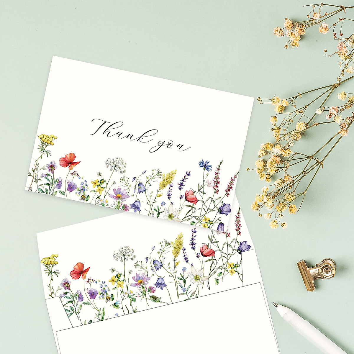 Gooji 4x6 Midsummer Floral Thank You Cards Multipack with Envelopes (Bulk 20-Pack) Matching Peel-and-Seal Envelopes, Wildflower, Weddings, Blank Notes Small Business, Assorted Stationary