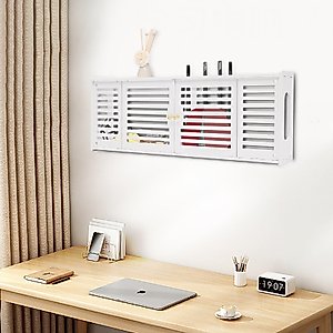 Leblett Wall Mount Router Storage Box,Rectangular White Floating Shelf,Organizer for Toys,Power Plug Storage Box,Multi-Function Storage Rack with Door