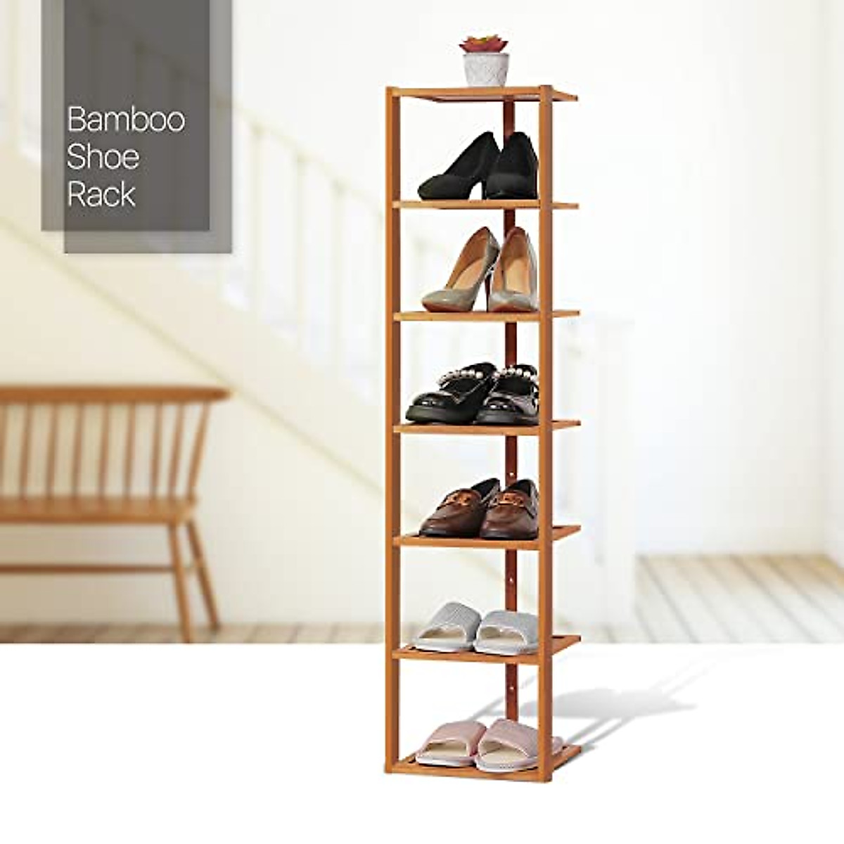 MoNiBloom Bamboo Narrow Shoe Rack Storage Space Saving Single Pairs Shoe Organizer for Small Spaces Corner Bedroom Hallway Entryway Balcony Patio (7 Shelves, Brown)