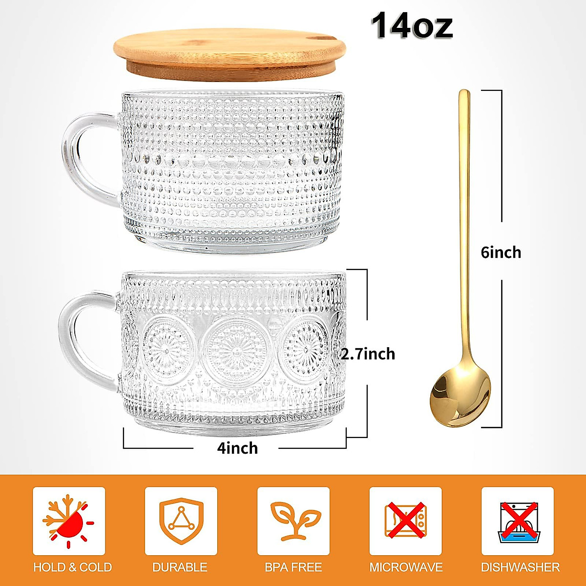 6 Set 14oz Vintage Glass Coffee Mugs with Bamboo Lids and Spoon Clear Embossed Glassware with Handle Glass Coffee Tea Cups for Cappuccino Latte Cereal Yogurt Beverage (6PCS(3*sunflower 3*raindrops))