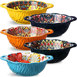 Lallisa 5 Pcs 32 oz Ceramic Soup Bowls with Double Handle Oven Safe Soup Bowls Colorful Cute Bowls Embossed Soup Bowls Set for Cereal, Soup, Salad, Stew, Cereal, Pot Pies and Pasta