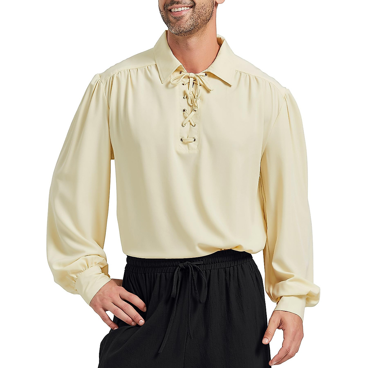 Zando Men's Renaissance Faire Costume - Long Sleeve Medieval Pirate Shirt - Beige, X-Large