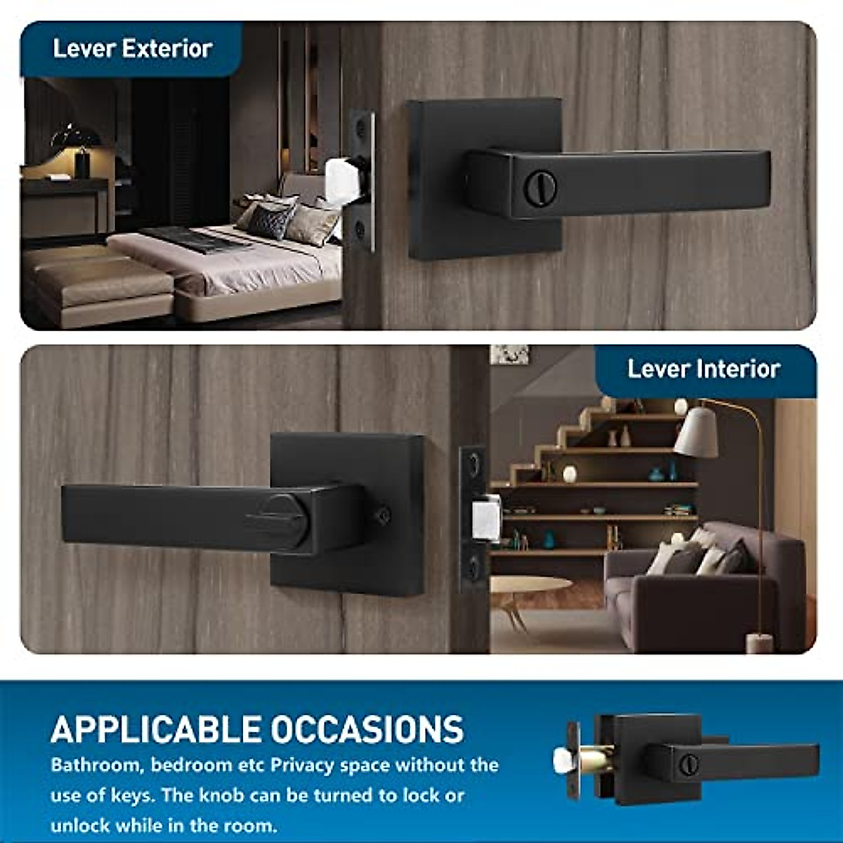 2 Pack Door Lever with Privacy Lock Square Heavy Door Handle Ideal for Bathroom and Bedroom Matte Black Finish Fits Right and Left Handed Doors