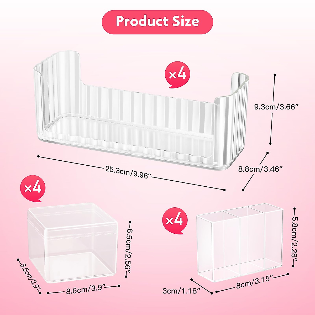 4-Tier Medicine Cabinet Shelves Organizer, Stackable Makeup Organizer Tray, Transparent Cosmetic Display Case with Lip Gloss Holders & Cotton Swab Pad Boxes, for Bathroom Cabinet Wall, Counter, Vanity