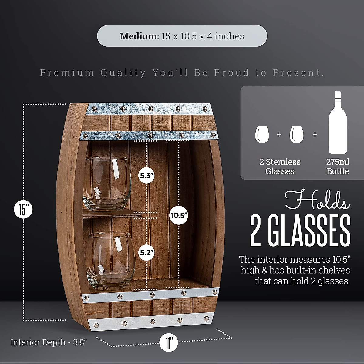 Wooden Wine Barrel Display - Pinewood Display Case with Sliding Cover Ideal for Wine Whiskey Scotch & More - 2 Built-In Shelves for Stemless Wine or Rocks Glasses, A Gift for Wedding or Any Occasion