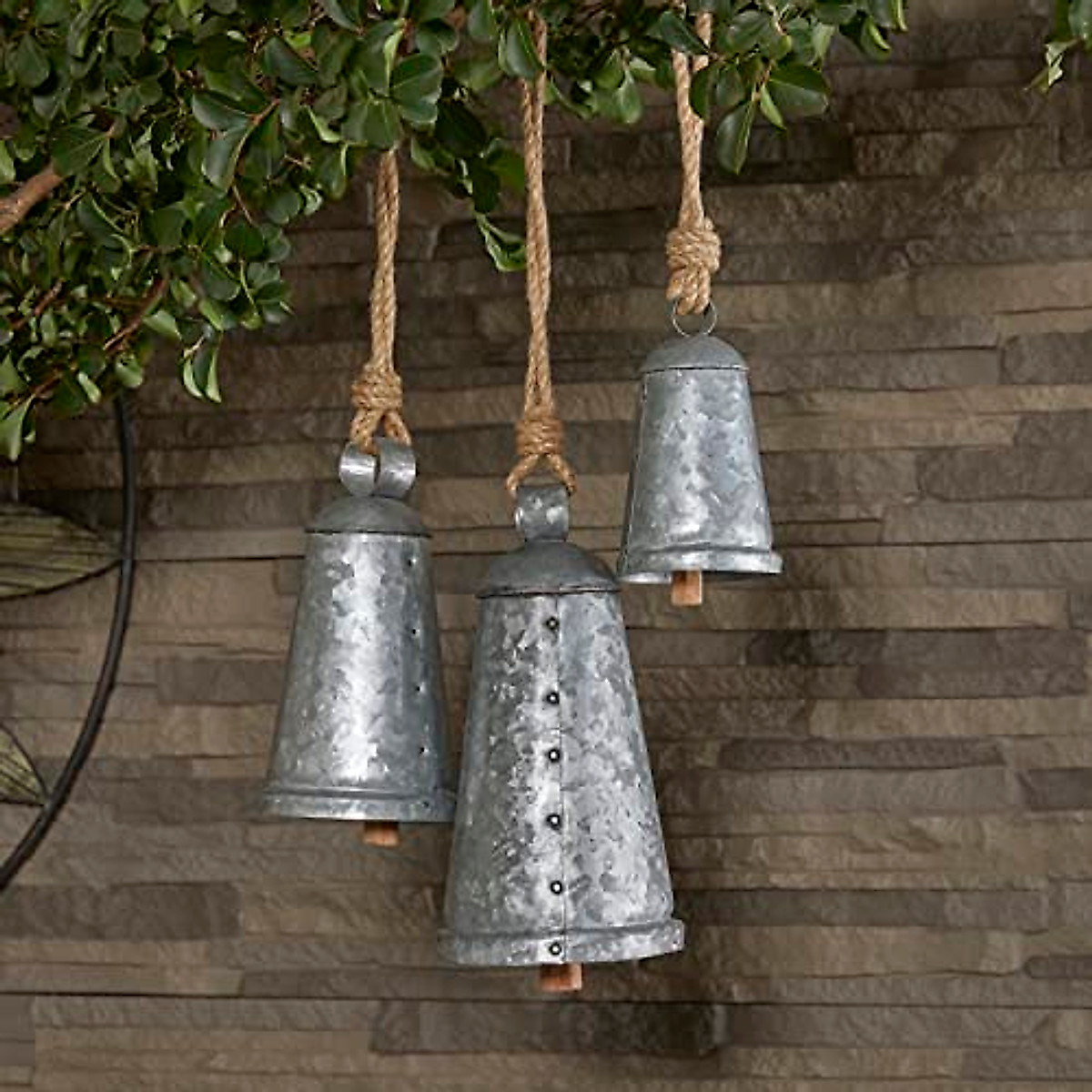Deco 79 Metal Tibetan Inspired Meditation Decorative Cow Bell with Jute Hanging Rope, Set of 3 12",9",6"H, Gray
