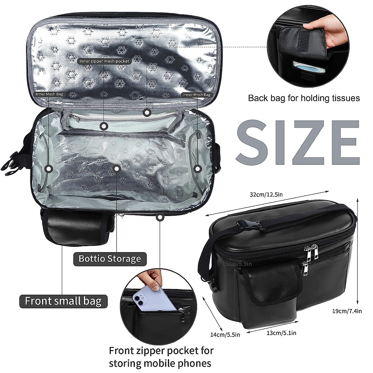 Universal Stroller Organizer with Insulated Cup Holder Detachable Phone Bag & Shoulder Strap, Fits for Stroller Like Uppababy, Baby Jogger, Britax, BOB, Umbrella and Pet Stroller (Black)