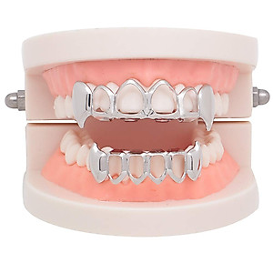 18K Gold Plated Grillz Fangs 6 Open Face Silver Plated Top & Bottom Set