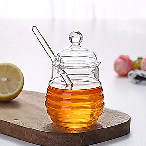 Bee-hive Honey Jar Glass Honeypot, Honey Syrup Dispenser with Dipper and Lid for Home Kitchen