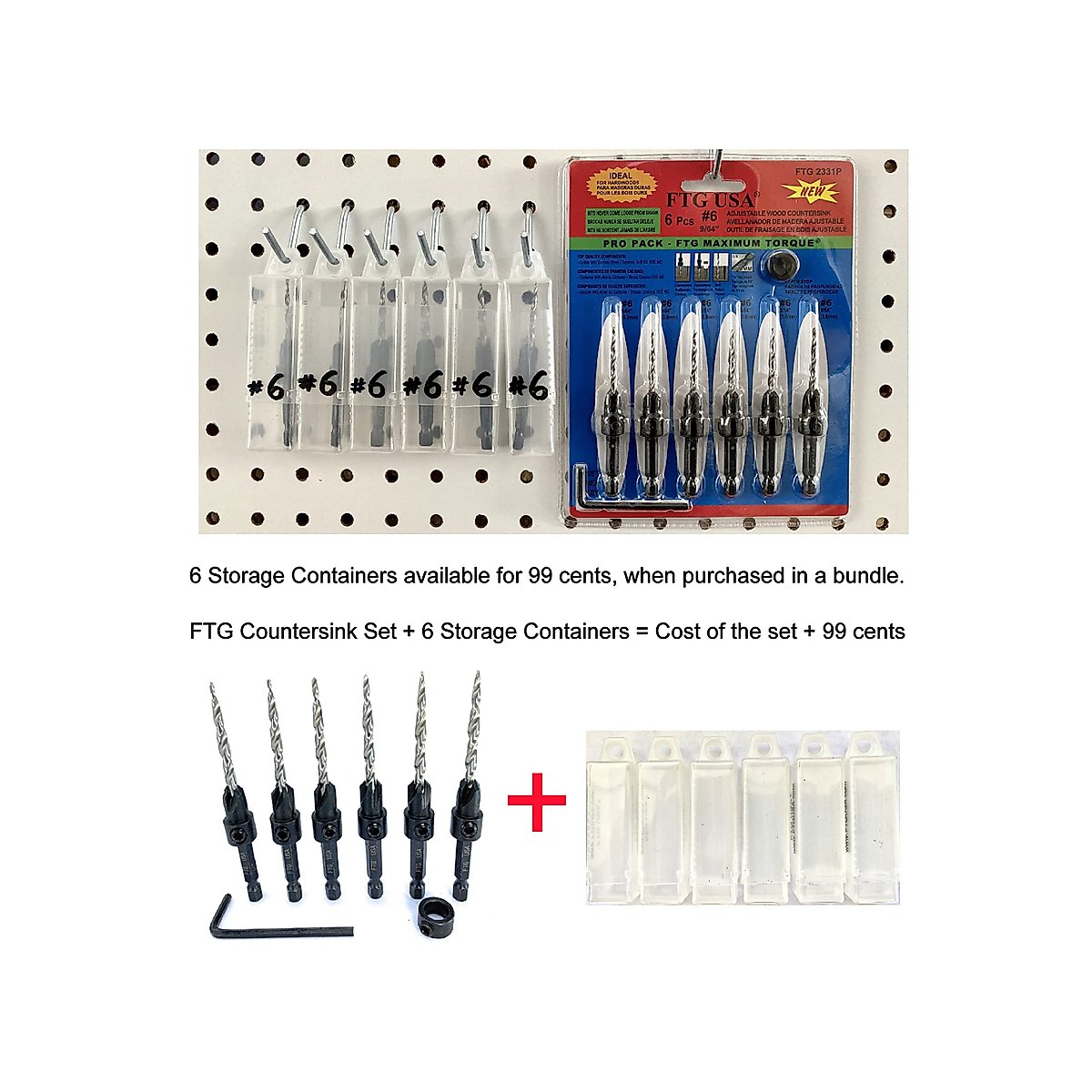 FTG USA Countersink Drill Bit Set 6 Pc #6 (9/64") Wood Countersink Drill Bit Pro Pack Countersink Set, with 3 Replacement Tapered Countersink Bit #6(9/64"), 1 Stop Collar, Hex Wrench