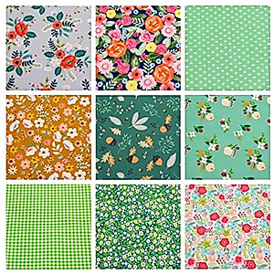 100% Cotton Quilting Fabric Bundles 10 pcs Fat Quarters, Squares Sheets for Patchwork, Sewing, Quilting, Crafting 19.6’’x15.7’’ (50cmx40cm), Green Floral