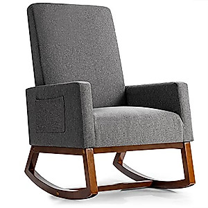 Giantx Upholstered Rocking Chair, Modern Fabric Armchair w/Wood Base, Side Pocket, Linen Padded Seat, High Back Accent Glider Rocker Chair, Mid-Century Leisure Chair for Nursery, Living Room (Gray)
