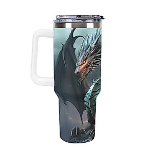 QWJKM Cool Dragon Tumbler with Handle Large Insulated Car Cup 40 OZ Stainless Steel Travel Mug Leak Proof Water Bottle with Lid And Straw for Car Home Office Gifts