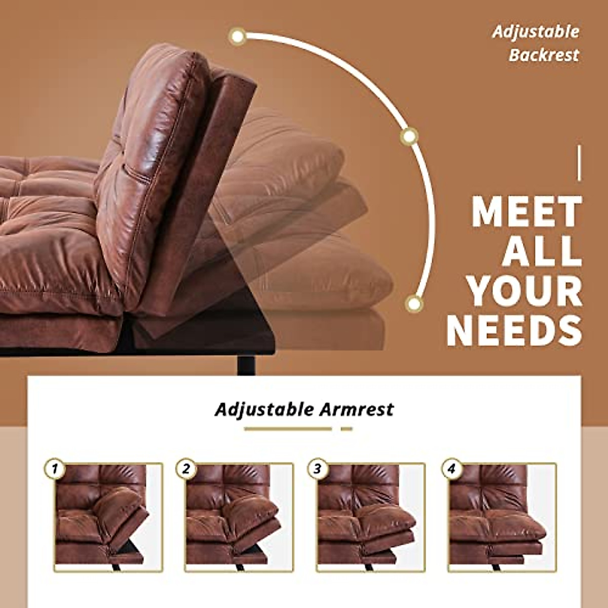 IULULU Futon Sofa Bed Faux Leather Couch with Adjustable Armrests, Modern Industrial Sleeper Daybed for Small Spaces, Living Room, Compact Apartment, Office, House, Condo, Loft, Bungalow, Brown