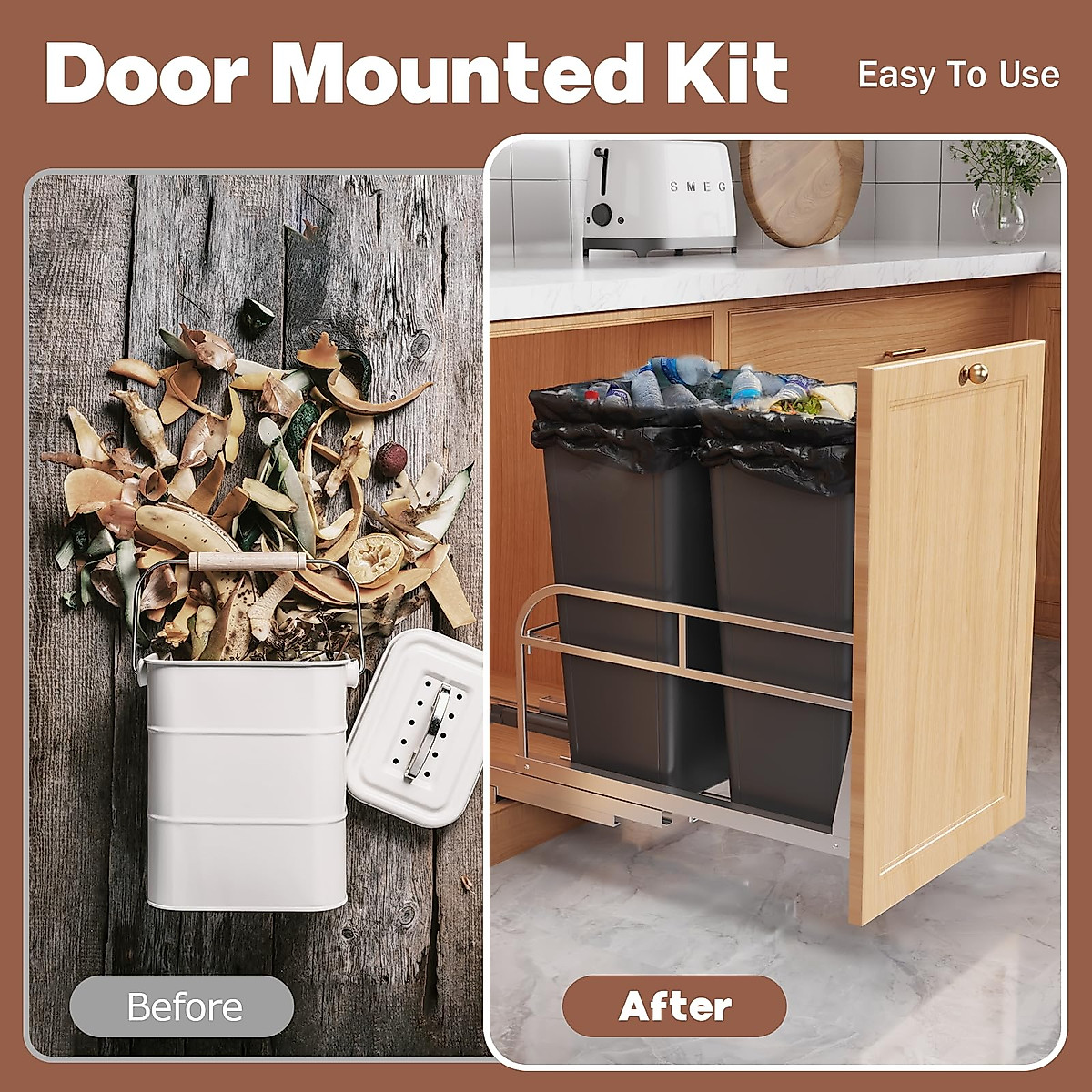 Biboraya 2-40 QT Pull Out Trash Can Under Cabinet with Soft-Close Slides,Door Mounting Slide Out Garbage Can Kit for Kitchen,Garbage Can Not Included, Requires Minimum Cabinets Opening 17" W X 25" D