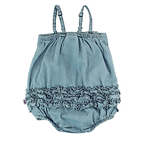 RuffleButts® Baby/Toddler Girls Light Wash Denim Bow-Front Bubble Romper - 3-6m