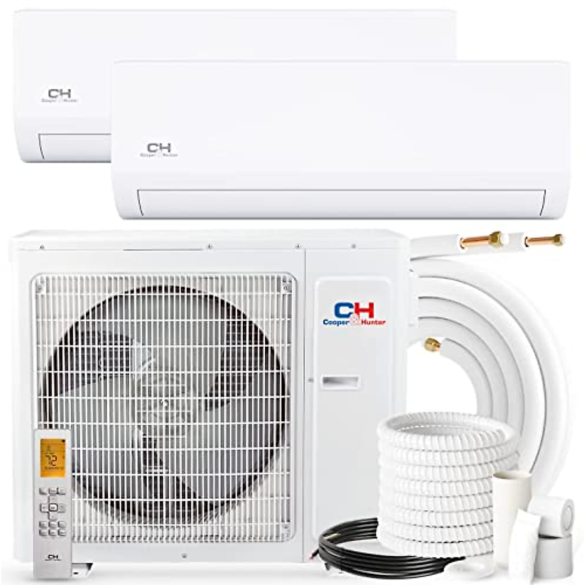 Cooper & Hunter Dual 2 Zone 9,000 + 9,000 BTU Ductless Mini Split AC/Heating System, Pre-Charged, 22.5 SEER, Including 25ft Copper Line Set And Communication Wires