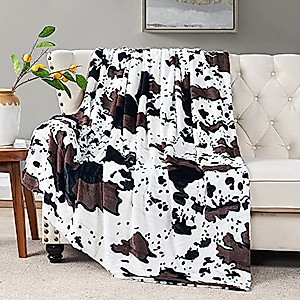 Home Soft Things Cow Print Blanket Throws Animal Black White Brown Throw for Chair Bedroom Living Room Sofa Couch Bed Outdoor Double Sided Faux Fur Fleece Soft Cozy Throw Blanket, 50" x 60"