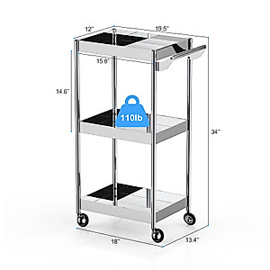 johgee 3 Shelf Mirror Stainless Steel Utility Cart, 3 Tier Stainless Steel Cart with Wheels with Handle, Serving Car, Rolling Medical Cart for Salon, Spa, Lab, Dental Clinic, Lab, Hospital