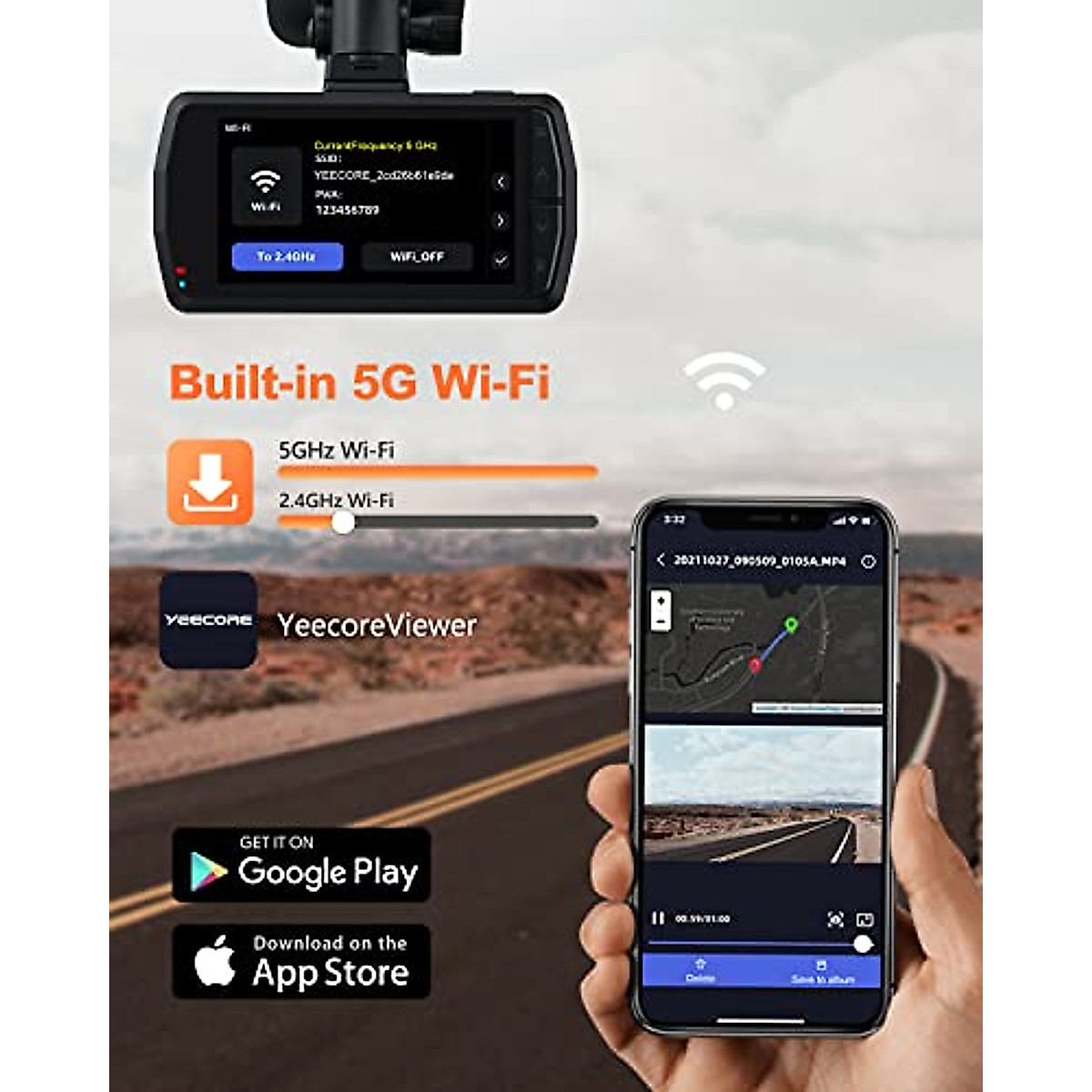 Yeecore 4K Dual Dash Cam 5G WiFi GPS, Real 4K+HDR 1080P Dash Cam Front and Rear, 3" LCD Super Night Vision, Parking Mode, Dash Camera for Cars with App, G-Sensor, Accident Record, Support 512GB Max
