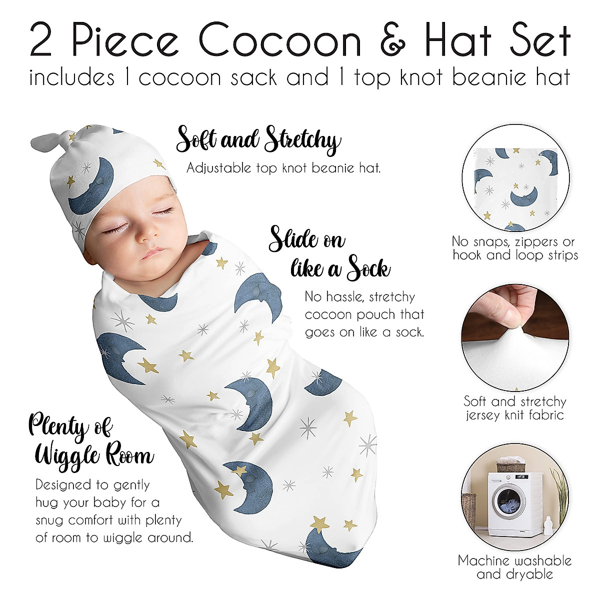 Sweet Jojo Designs Moon Star Baby Boy Girl Cocoon and Beanie Hat Set Jersey Stretch Knit Sleeping Bag Infant Newborn Nursery Sleep Wrap Sack - Navy Blue Gold Watercolor Celestial Sky Gender Neutral