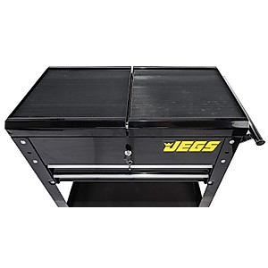 JEGS Heavy-Duty Tool Box Cart | 220 LBS Capacity | Uses Four 4” Caster Wheels | Includes 2 Keyes and 6 Drawer Liners | Black with JEGS Logo | 2 Locking Drawers | Sliding Top