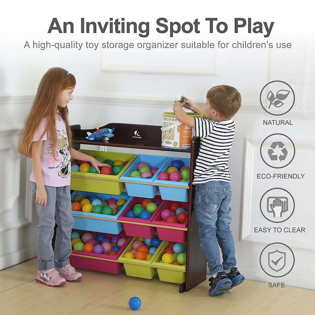 KRAND Toy Storage Organizer for Kids 100% Pine Solid Wood Kids Toy Organizer with Thick Anti-Break Storage Bins (Espresso)