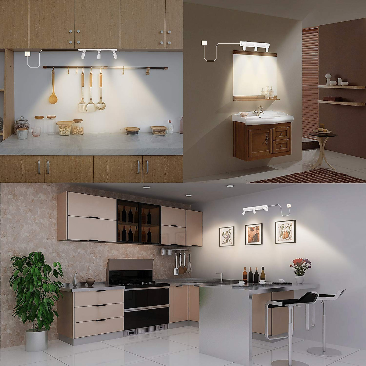 HONWELL Track Lighting LED Spotlights with 3 Rotatable Lights Heads, Under Cabinet Counter Lighting Plug in Accent Lights Remote Controlled Ceiling Track Lights for Wall Picture Artwork Display